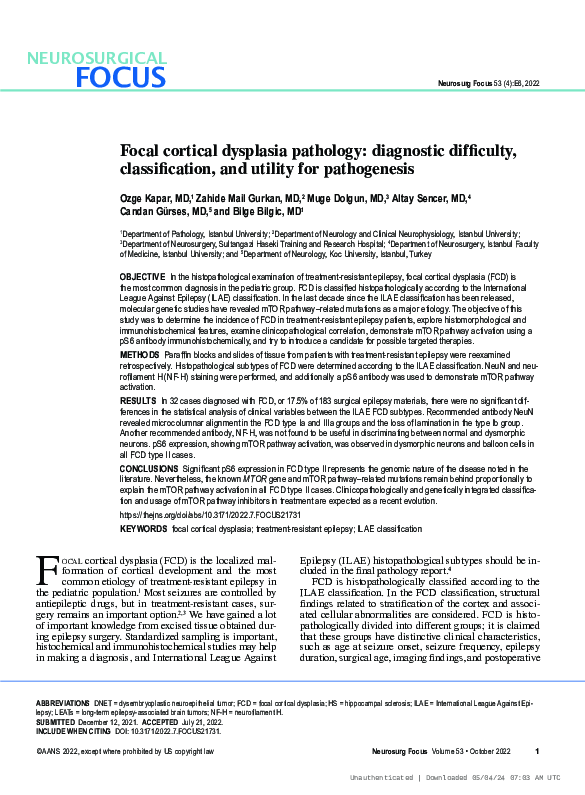 (PDF) Focal cortical dysplasia pathology: diagnostic difficulty, classification, and utility for ...