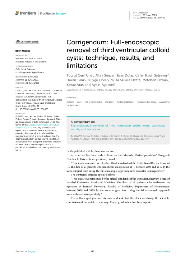 (PDF) Corrigendum: Full-endoscopic removal of third ventricular colloid ...