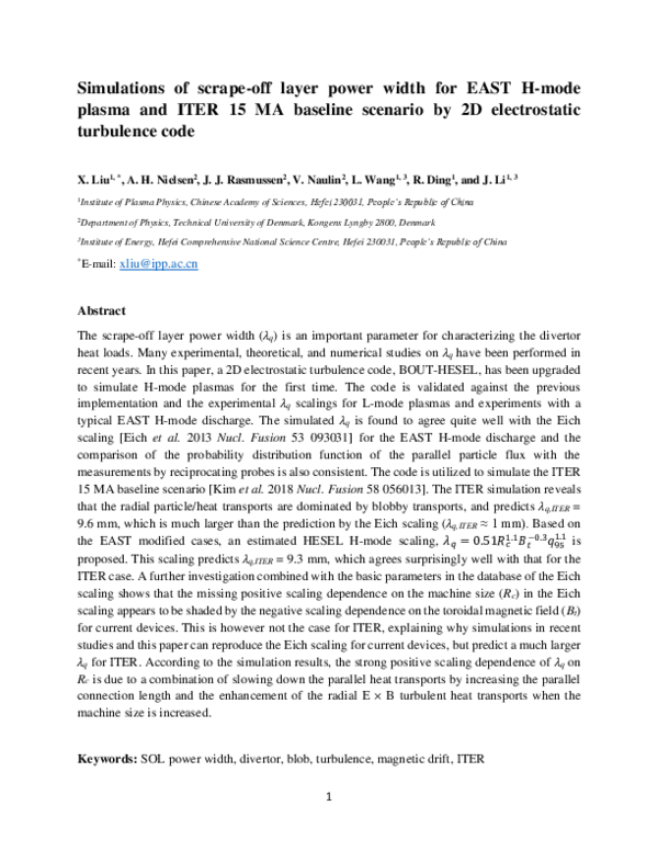 (PDF) Simulations of scrape-off layer power width for EAST H-mode plasma and ITER 15 MA baseline ...