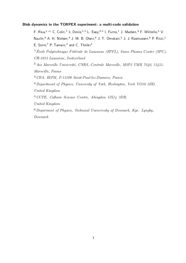 (PDF) Blob dynamics in the TORPEX experiment: a multi-code validation