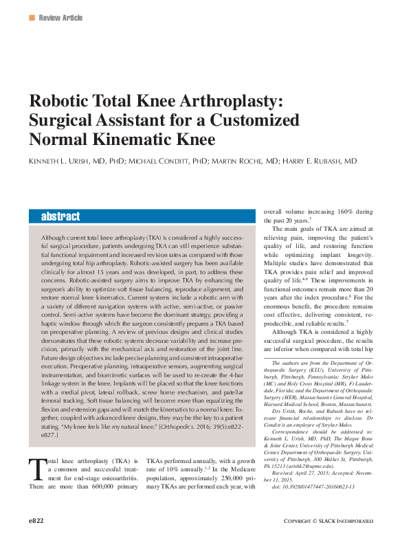 (PDF) Robotic Total Knee Arthroplasty: Surgical Assistant for a Customized Normal Kinematic Knee