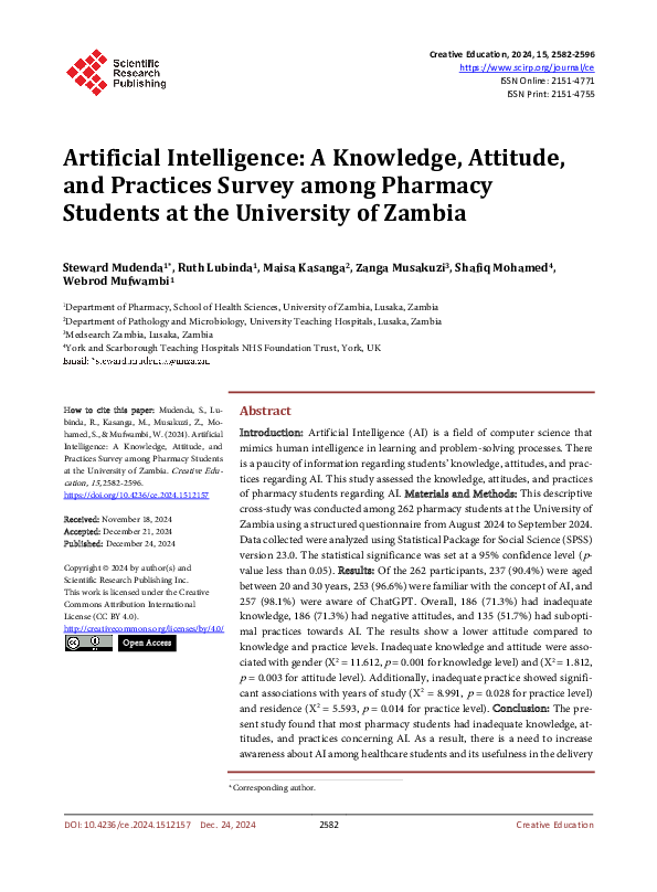 (PDF) Artificial Intelligence: A Knowledge, Attitude, and Practices Survey among Pharmacy ...
