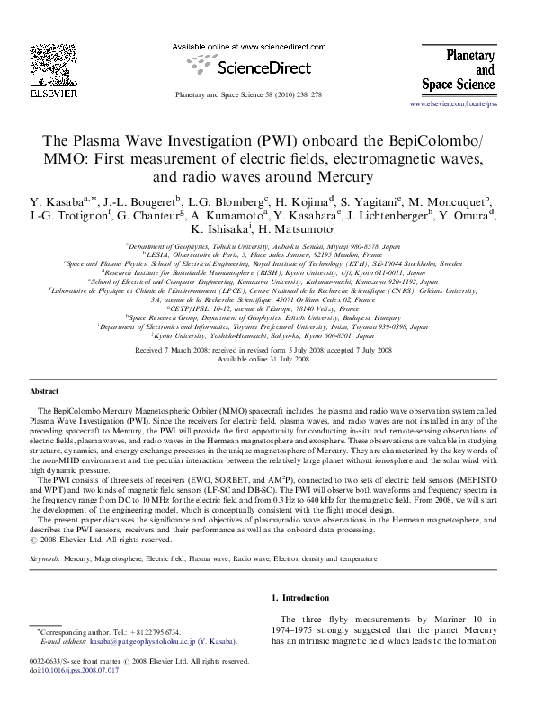 (PDF) The Plasma Wave Investigation (PWI) onboard the BepiColombo/MMO ...