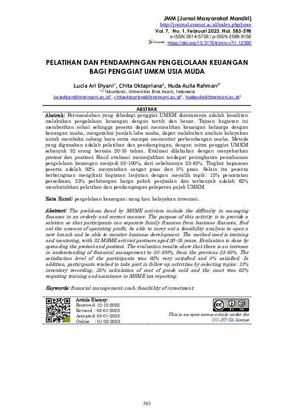 (PDF) Pelatihan Dan Pendampingan Pengelolaan Keuangan Bagi Penggiat Umkm Usia Muda