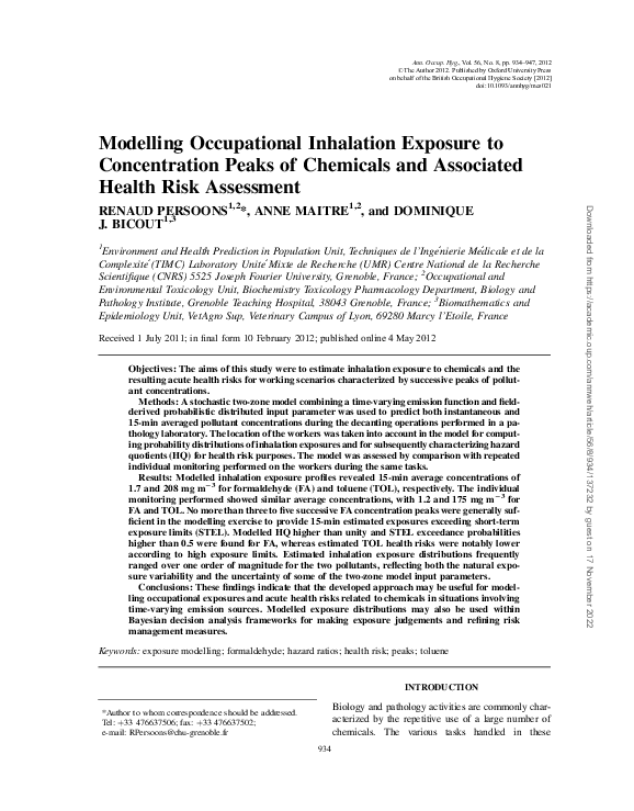 (PDF) Modelling Occupational Inhalation Exposure to Concentration Peaks of Chemicals and ...