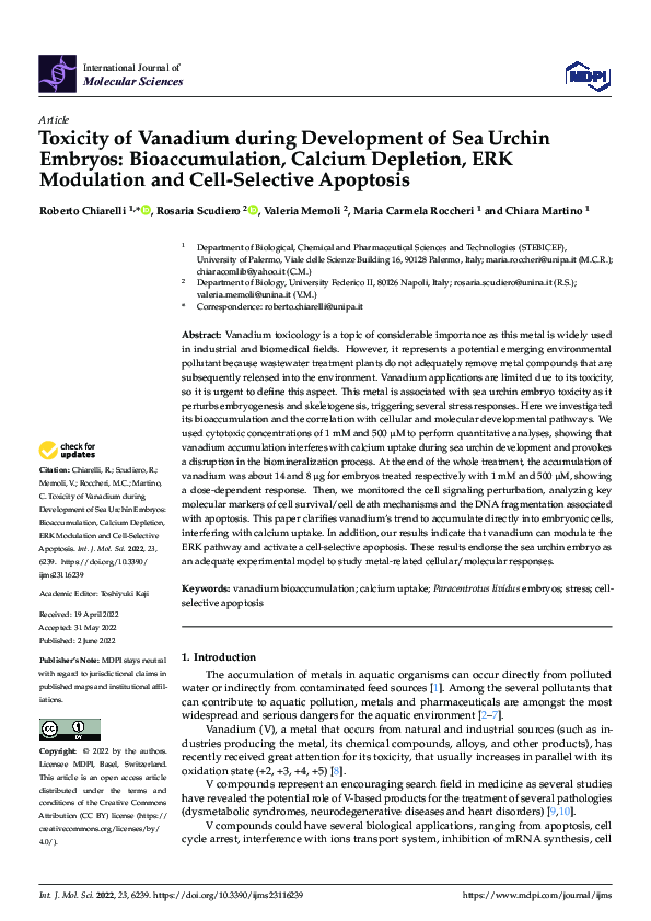 (PDF) Toxicity of Vanadium during Development of Sea Urchin Embryos ...
