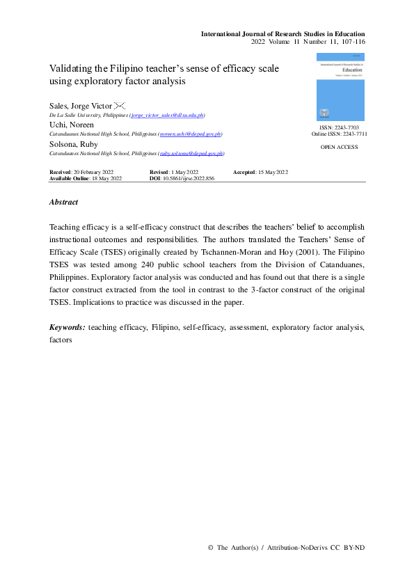 (PDF) Validating the Filipino teacher’s sense of efficacy scale using ...