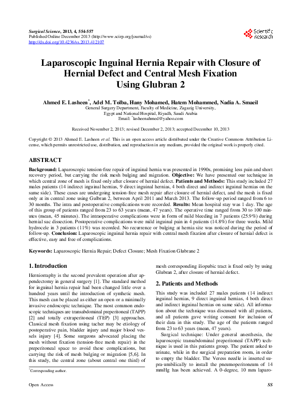 (PDF) Laparoscopic Inguinal Hernia Repair with Closure of Hernial Defect and Central Mesh ...