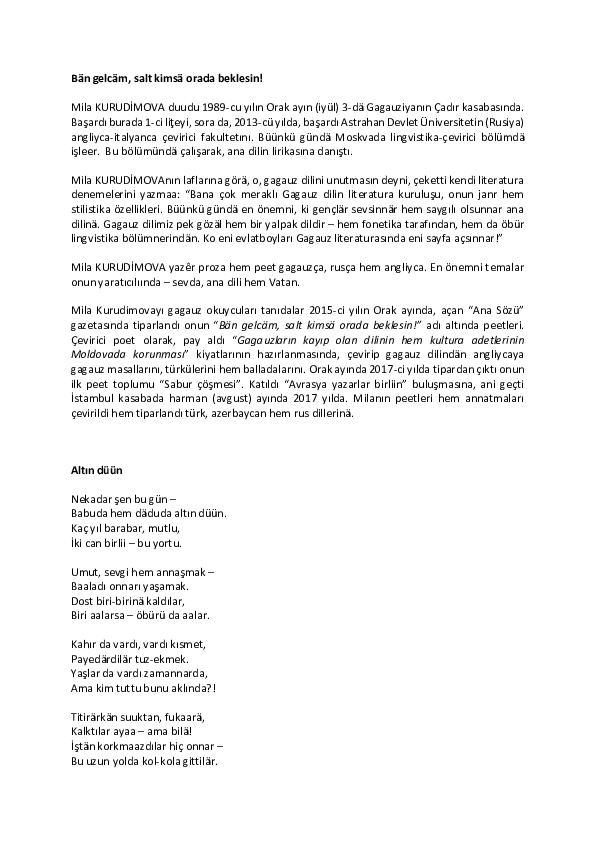 (PDF) Mila Kurudimova - Şiirler (Gagavuzca)
