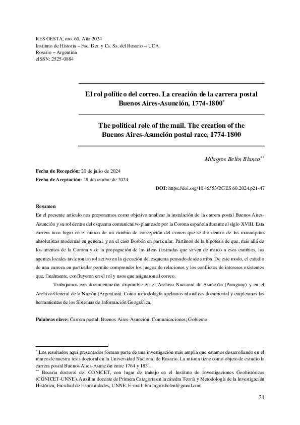 (PDF) El rol político del correo. La creación de la carrera postal Buenos Aires-Asunción, 1774-1800