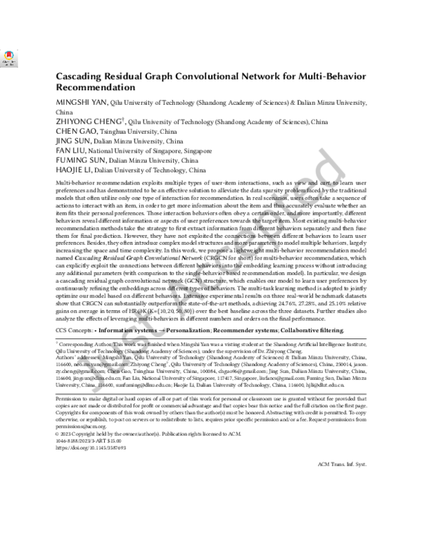 (PDF) Cascading Residual Graph Convolutional Network for Multi-Behavior Recommendation