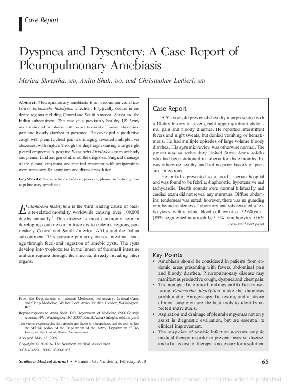 (PDF) Dyspnea and Dysentery: A Case Report of Pleuropulmonary Amebiasis ...