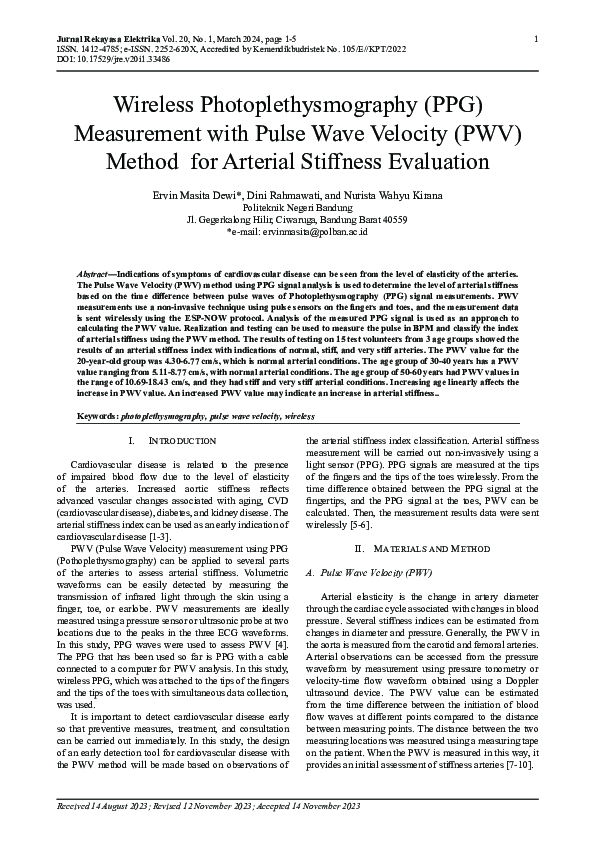 (PDF) Wireless Photoplethysmography (PPG) Measurement with Pulse Wave Velocity (PWV) Method for ...