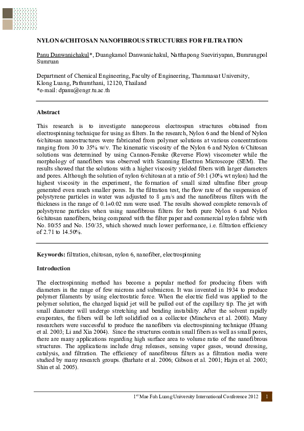 (PDF) Nylon 6/CHITOSAN Nanofibrous Structures for Filtration