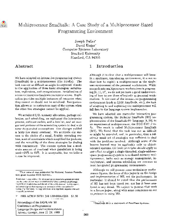 (PDF) Multiprocessor Smalltalk: a case study of a multiprocessor-based programming environment
