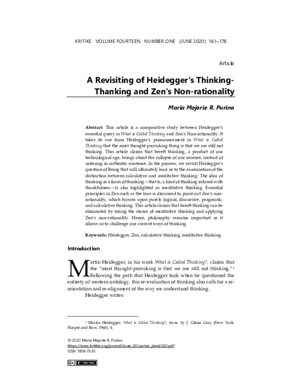 (PDF) A Revisiting of Heidegger's Thinking-Thanking and Zen's Non ...