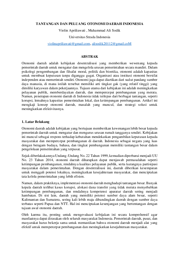(PDF) TANTANGAN DAN PELUANG OTONOMI DAERAH INDONESIA