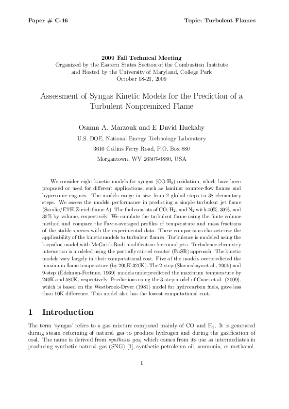 (PDF) Assessment of Syngas Kinetic Models for the Prediction of a ...