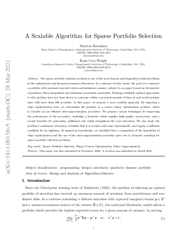(PDF) A Scalable Algorithm for Sparse Portfolio Selection