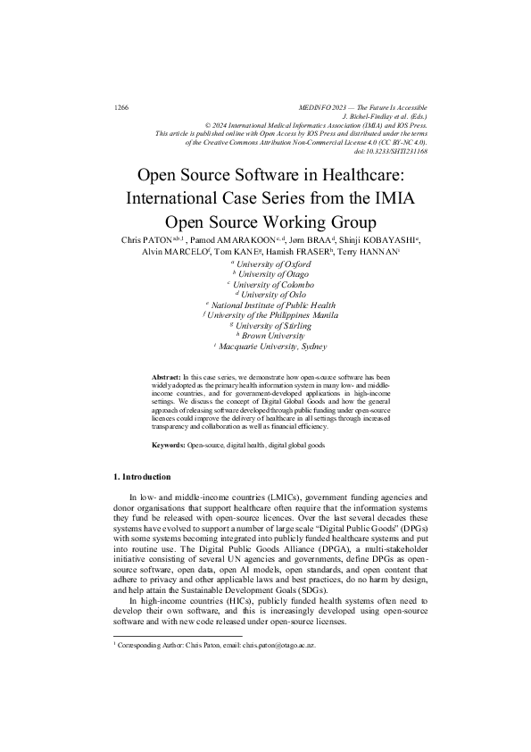 (PDF) Open Source Software in Healthcare: International Case Series from the IMIA Open Source ...