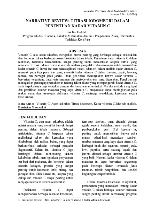(PDF) Jurnal Narative Text Titrasi Iodometri Dalam Penentuan Kadar Vitamin C