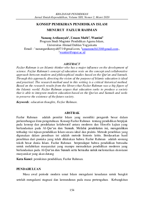 (PDF) Konsep Pemikiran Pendidikan Islam Menurut Fazlur Rahman