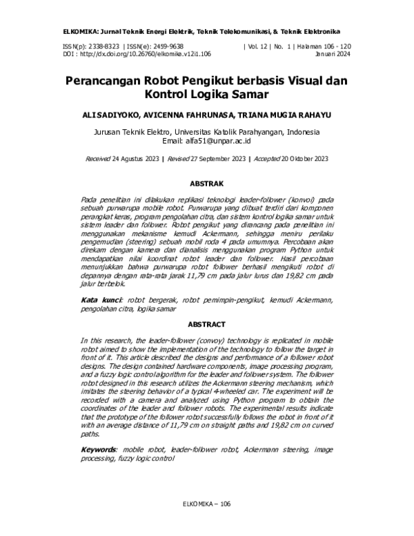 (PDF) Perancangan Robot Pengikut berbasis Visual dan Kontrol Logika Samar