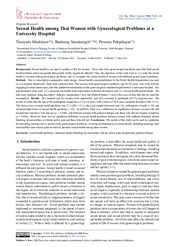 (PDF) Sexual Health among Thai Women with Gynecological Problems at a ...