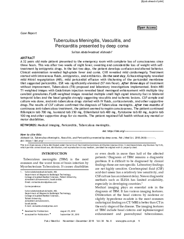 (PDF) Tuberculous Meningitis, Vasculitis, andPericarditis presented by deep coma