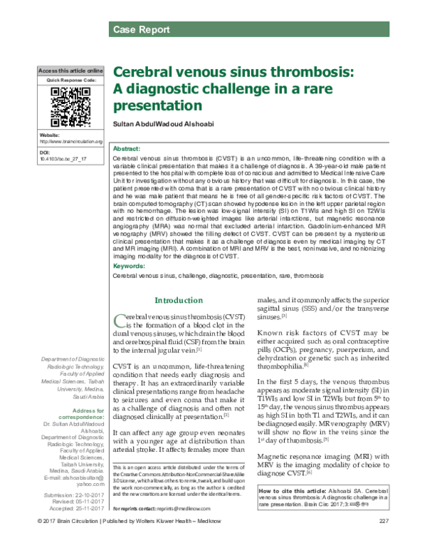 (PDF) Cerebral venous sinus thrombosis: A diagnostic challenge in a rare presentation