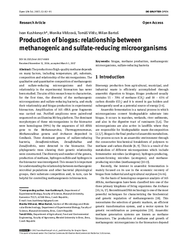 (PDF) Production of biogas: relationship between methanogenic and sulfate-reducing microorganisms
