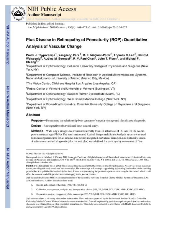 (PDF) Plus Disease in Retinopathy of Prematurity: Quantitative Analysis ...