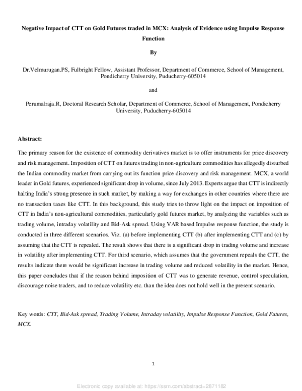 (PDF) Negative Impact of CTT on Gold Futures Traded in MCX: Analysis of Evidence Using Impulse ...