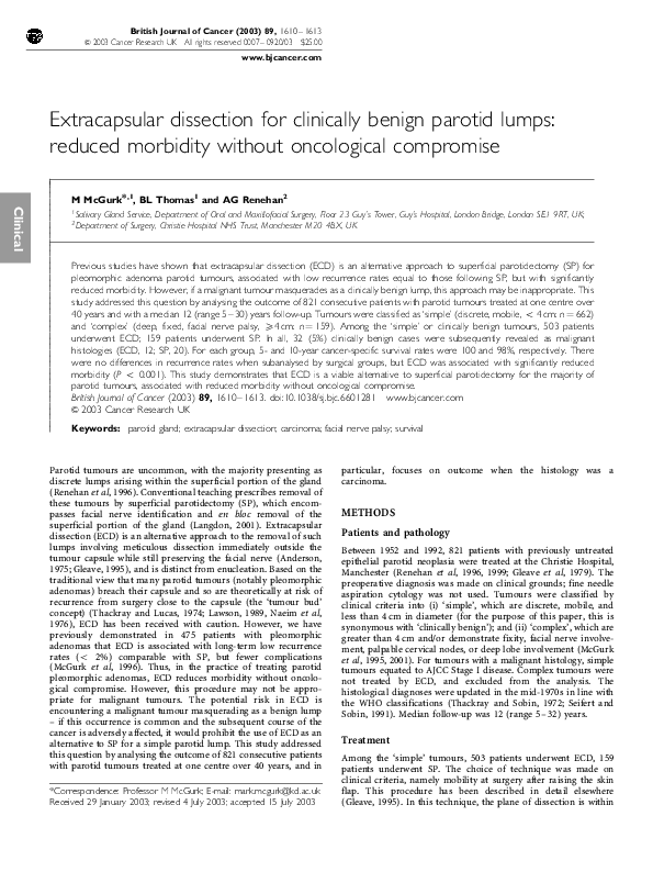 (PDF) Extracapsular dissection for clinically benign parotid lumps: reduced morbidity without ...