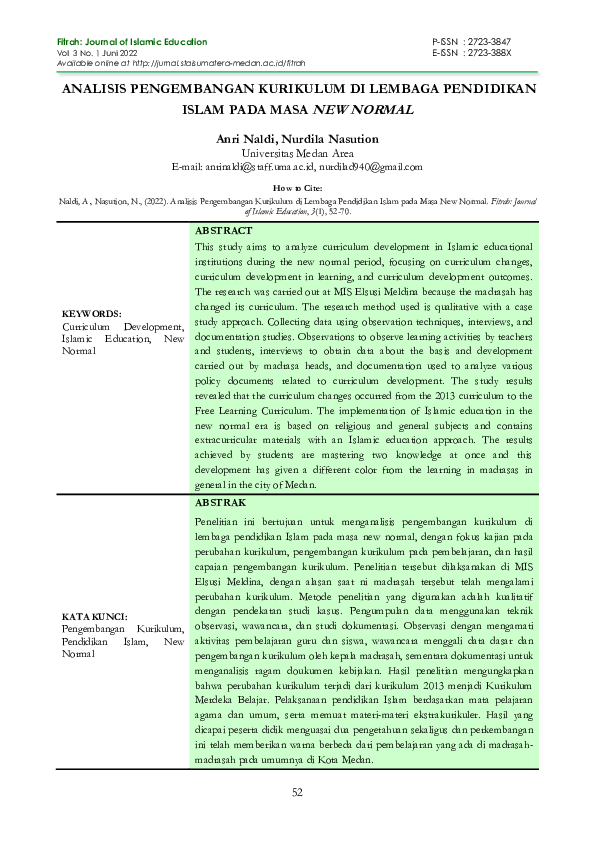 (PDF) Analisis Pengembangan Kurikulum di Lembaga Pendidikan Islam pada Masa New Normal