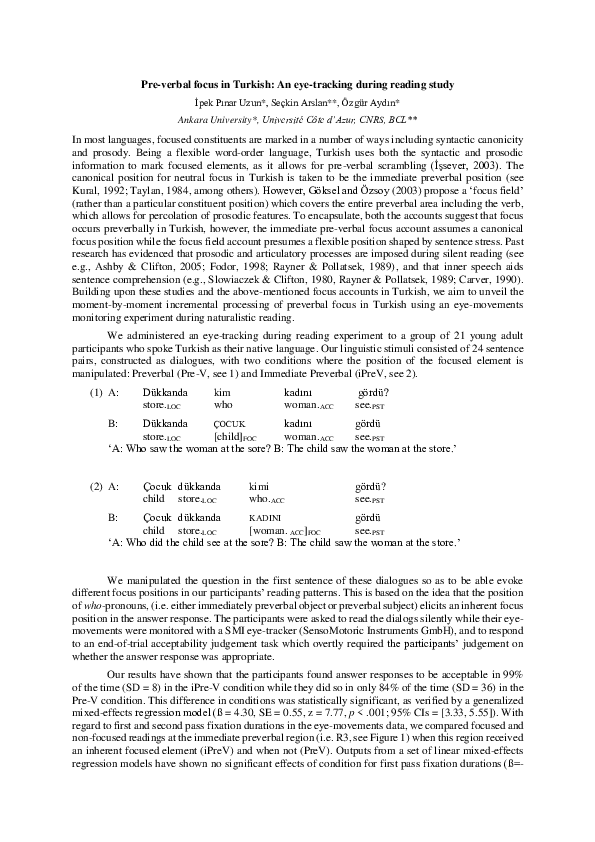 (PDF) Pre-verbal focus in Turkish: An eye-tracking during reading study