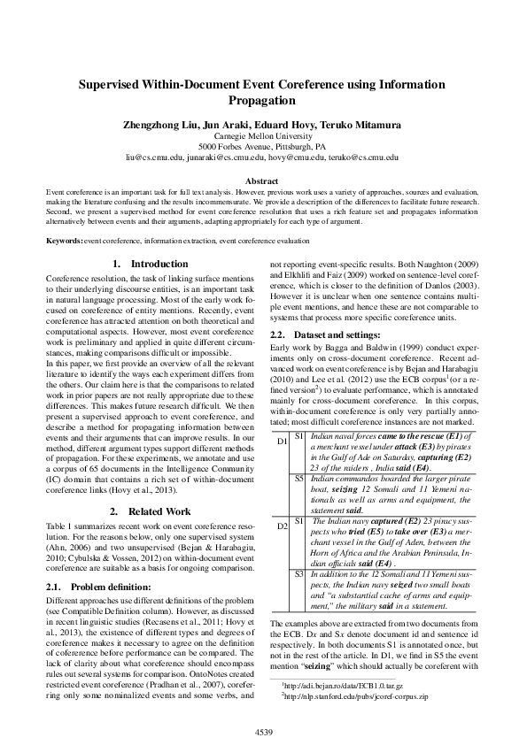 Pdf Supervised Within Document Event Coreference Using Information Propagation