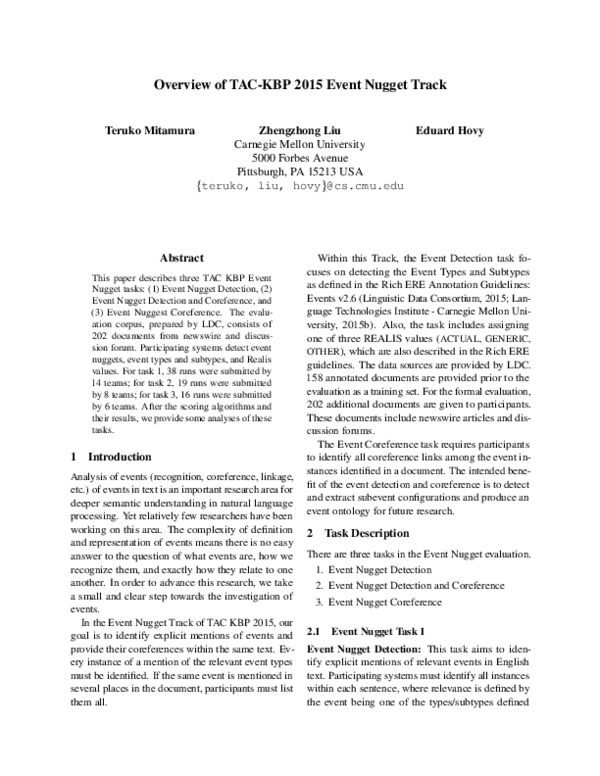 (PDF) Overview of TAC KBP 2015 Event Nugget Track