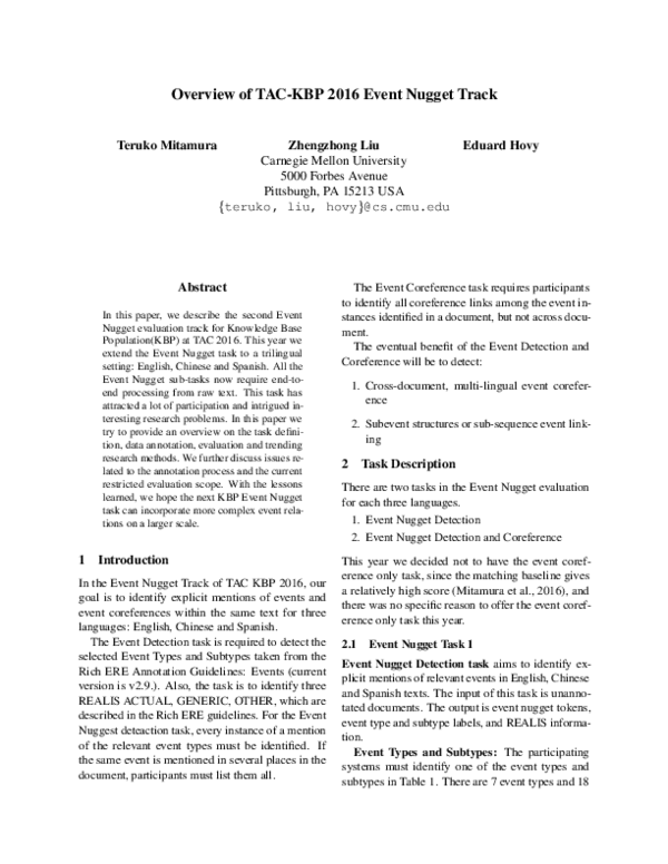 (PDF) Overview of TAC-KBP 2016 Event Nugget Track
