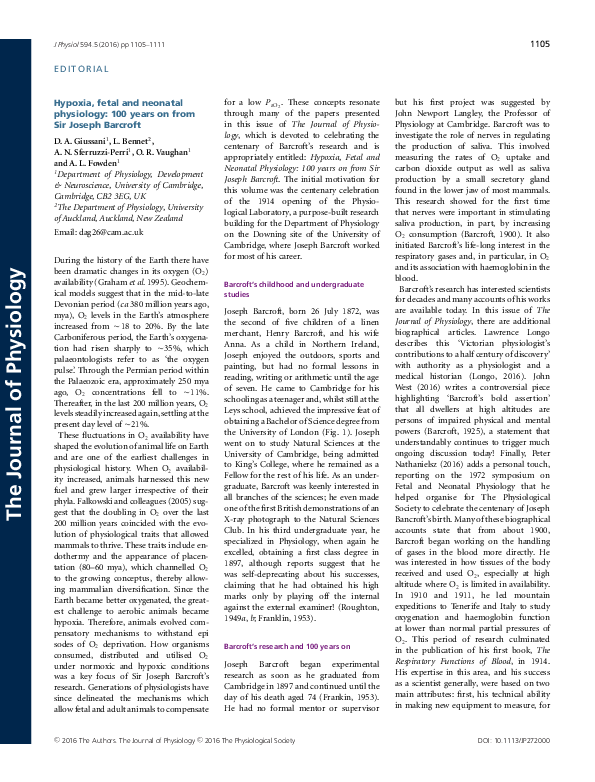 (PDF) Hypoxia, fetal and neonatal physiology: 100 years on from Sir ...