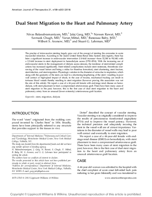 (PDF) Dual Stent Migration to the Heart and Pulmonary Artery