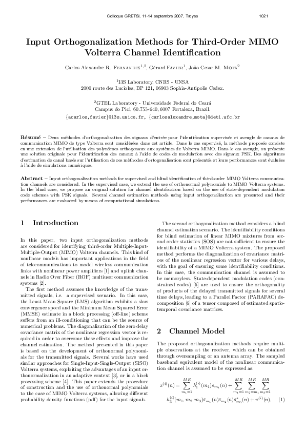 (PDF) Input orthogonalization methods for third-order MIMO Volterra channel identification