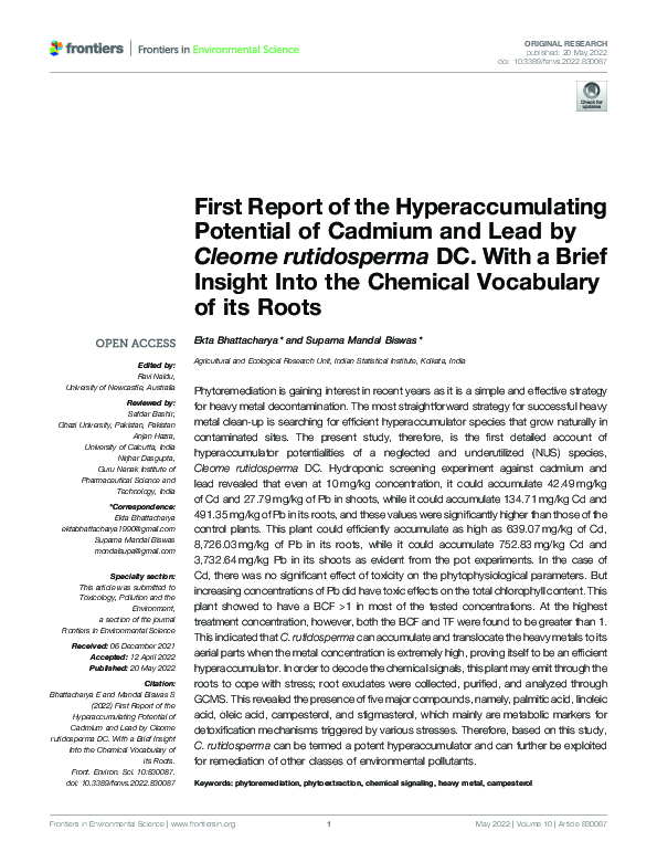 (PDF) First Report of the Hyperaccumulating Potential of Cadmium and ...