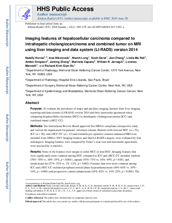 (PDF) Imaging features of hepatocellular carcinoma compared to intrahepatic cholangiocarcinoma ...