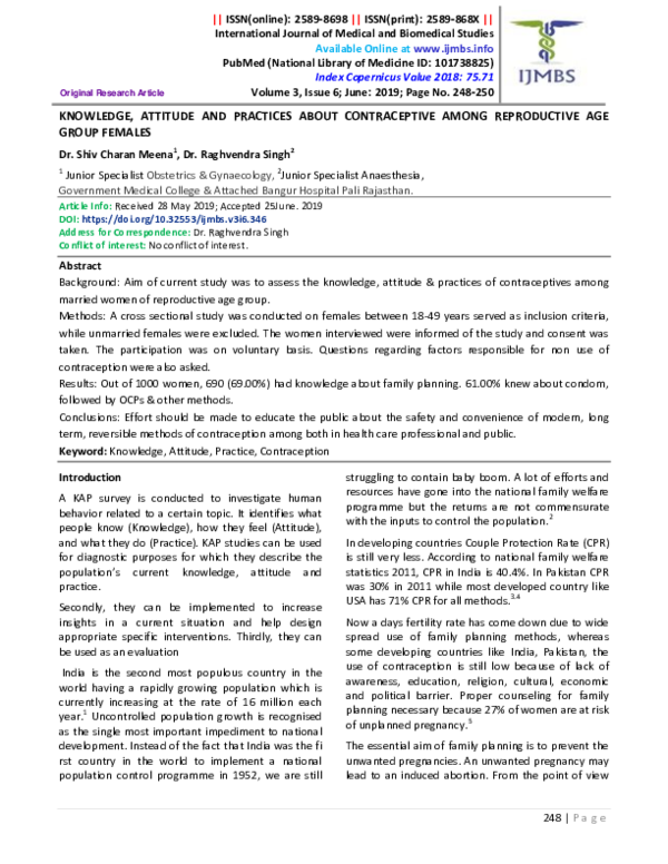 (PDF) Knowledge, Attitude and Practices About Contraceptive Among Reproductive Age Group Females