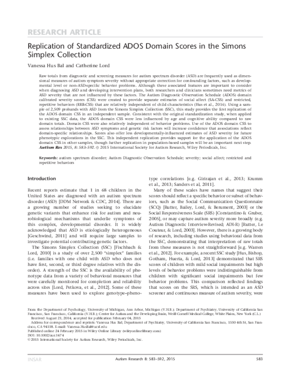 (PDF) Replication of Standardized ADOS Domain Scores in the Simons ...
