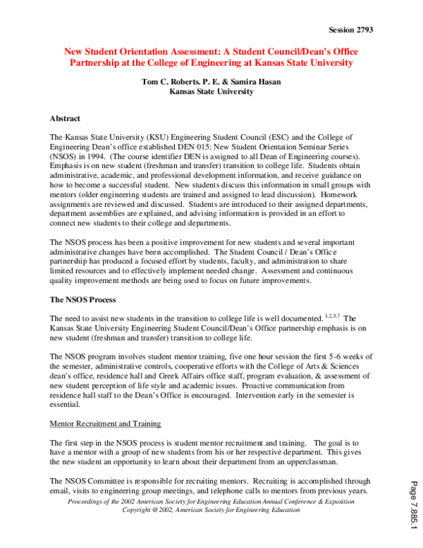 (PDF) New Student Orientation Assessment: A Student Council/Dean's ...