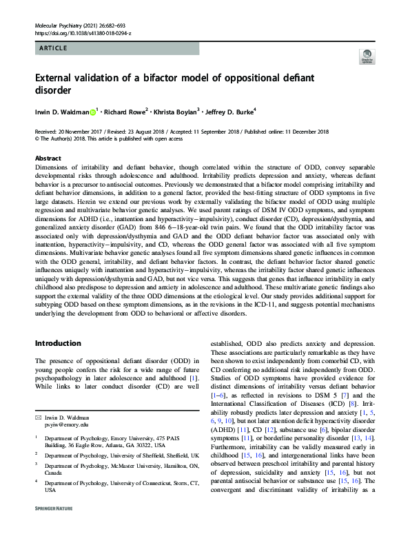 (PDF) External validation of a bifactor model of oppositional defiant disorder