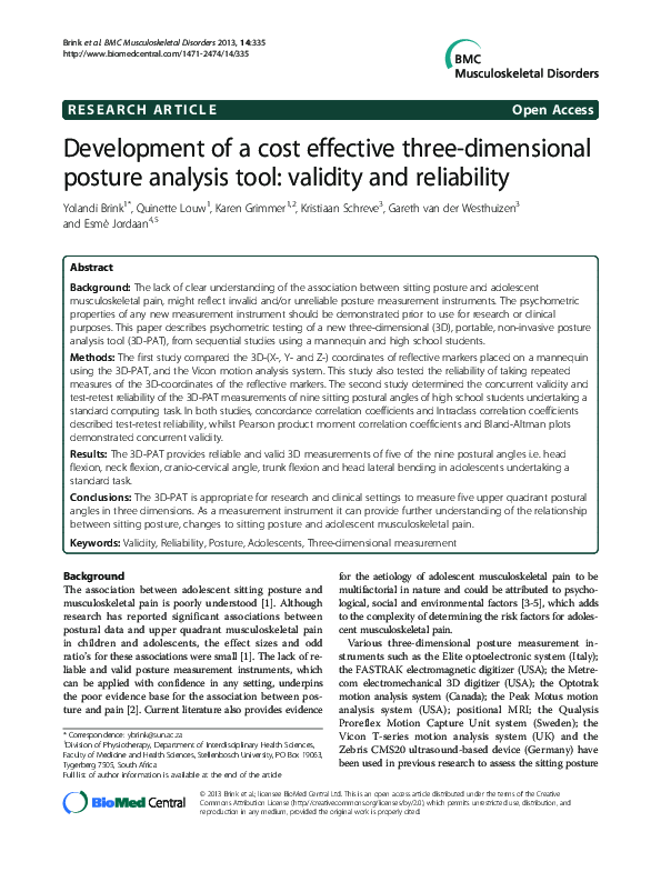 (PDF) Development of a cost effective three-dimensional posture analysis tool: validity and ...