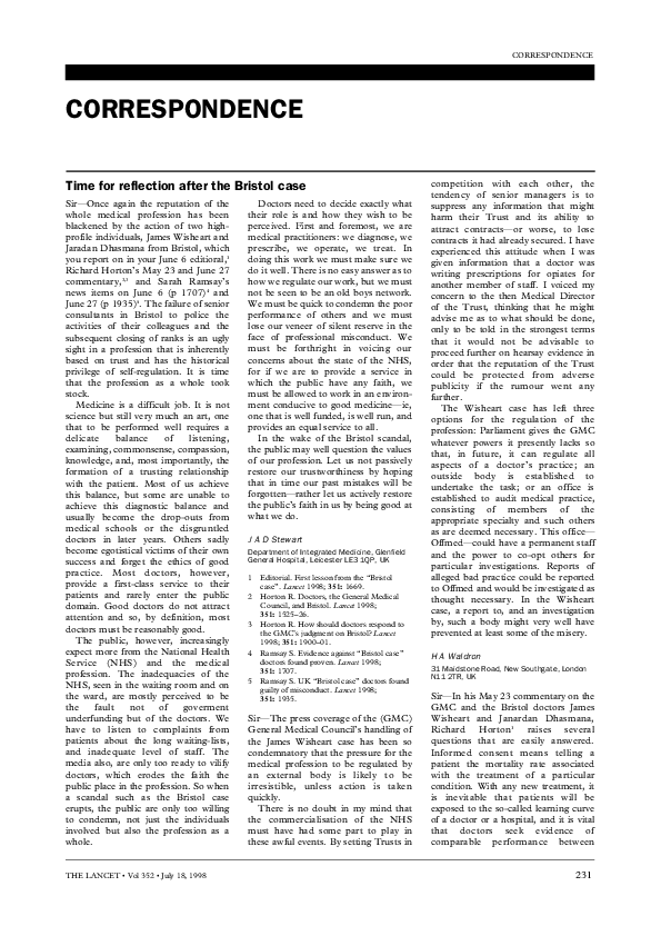 (PDF) Time for reflection after the Bristol case